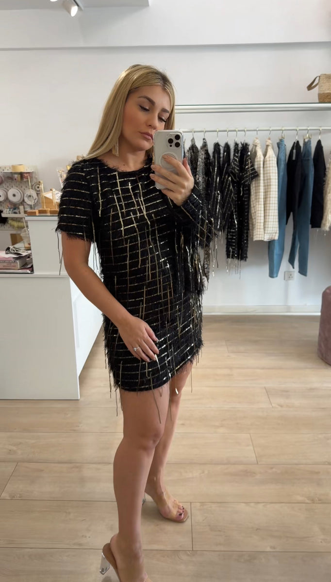 Frayed Textured in Black Mini Dress with Sequin details – Heleina.com
